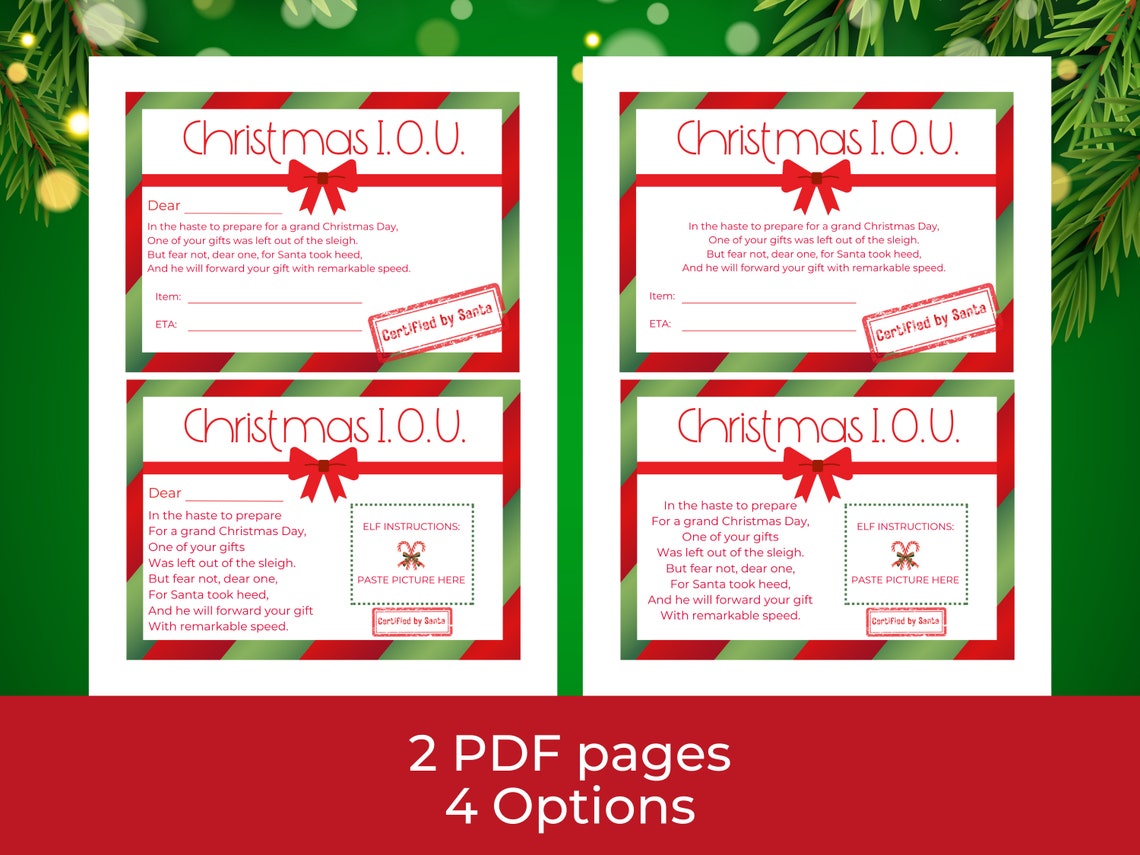 Late Gift Letter, Santa IOU, Arriving Late, IOU Slips, Christmas Iou ...