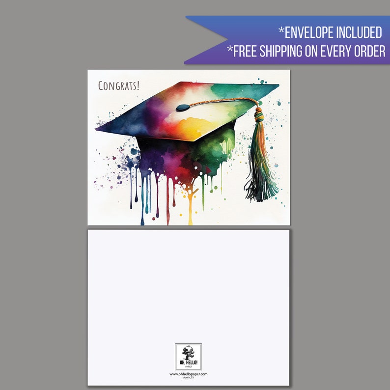 Rainbow Graduation Congratulations Card / Graduation Cap / Watercolor ...