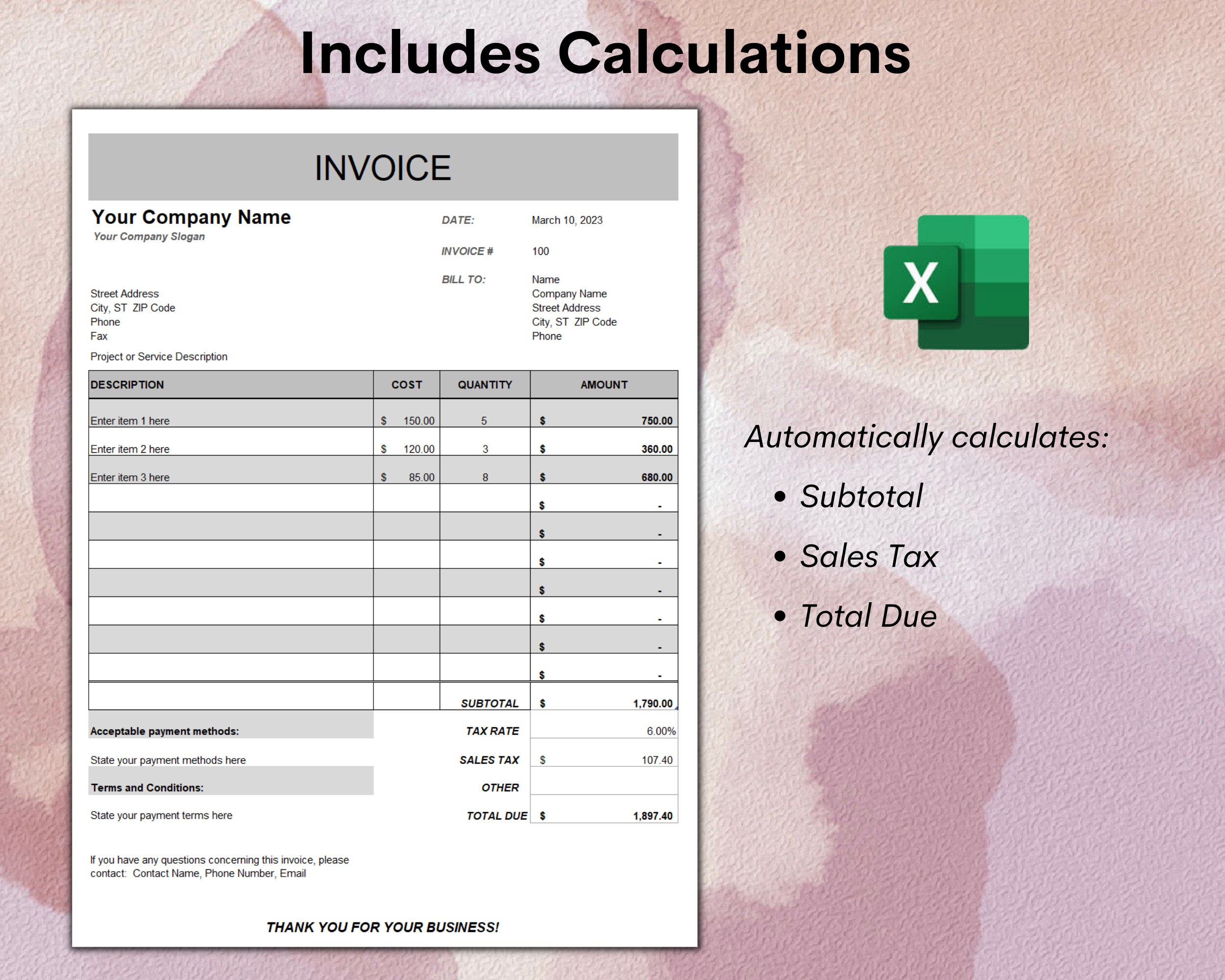 Excel Invoice Template, Editable Small Business Invoice, Printable ...