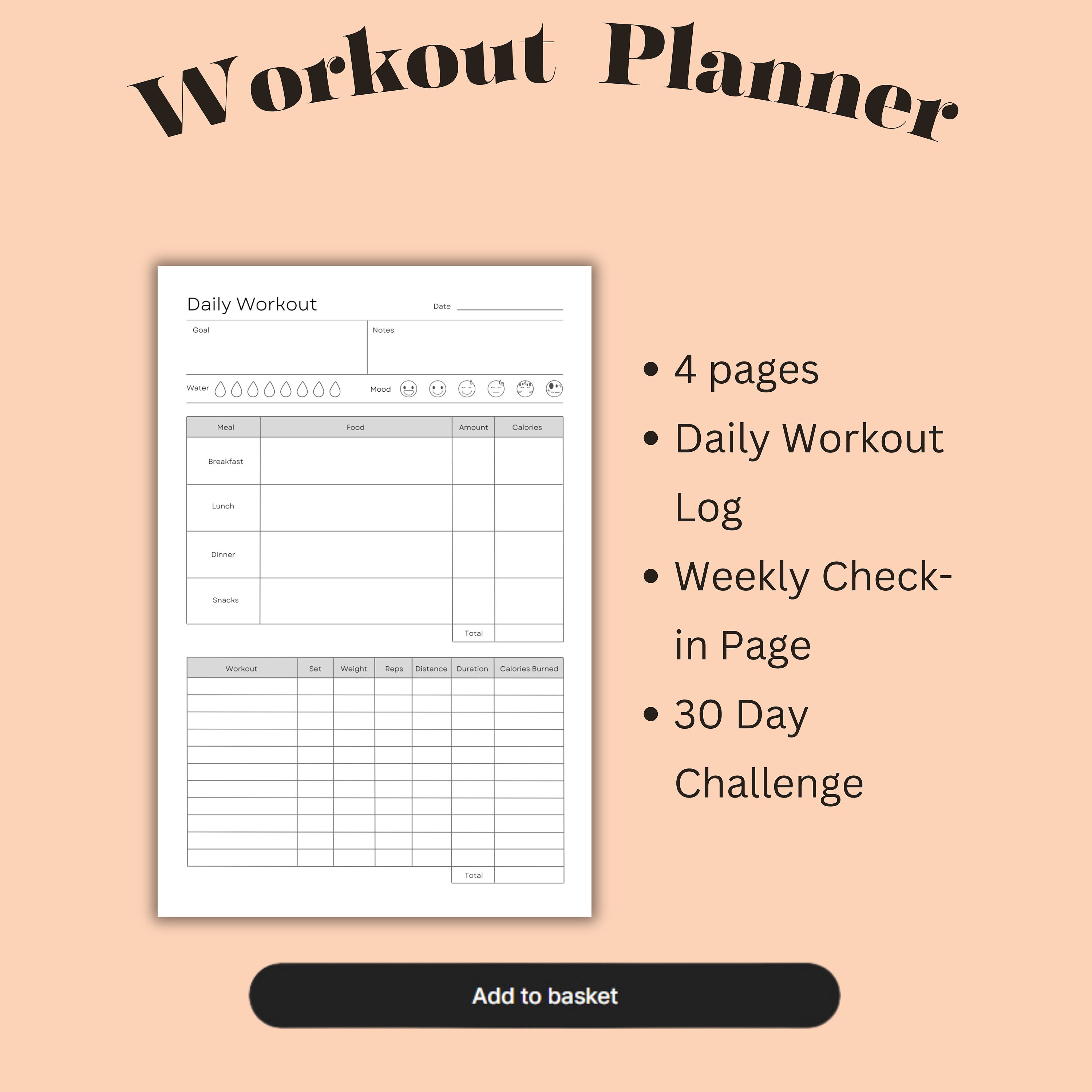 Printable Workout Planner, Daily Exercise Log, Weekly Fitness Journal ...