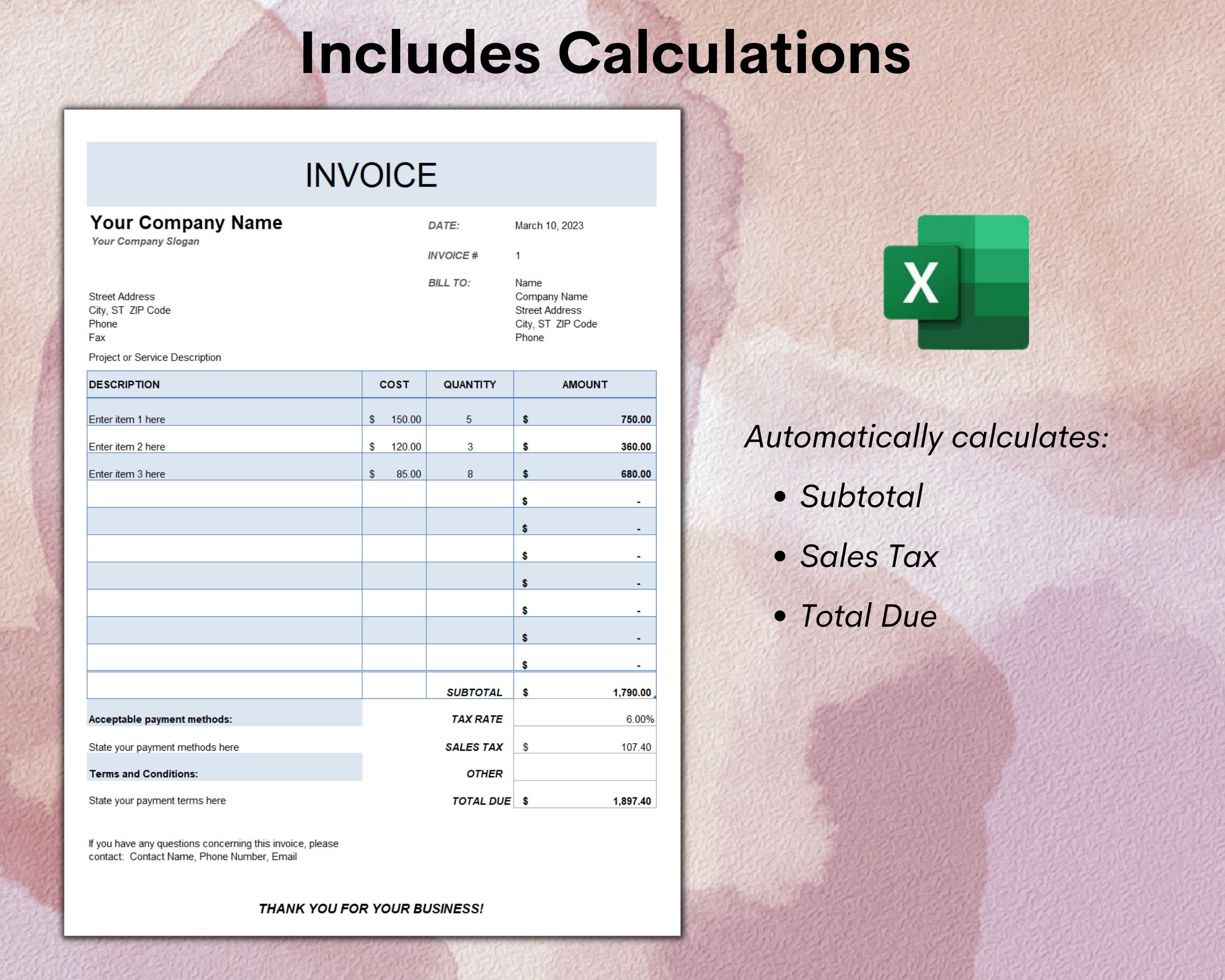 Excel Invoice Template, Small Business Invoice, Editable Invoice ...
