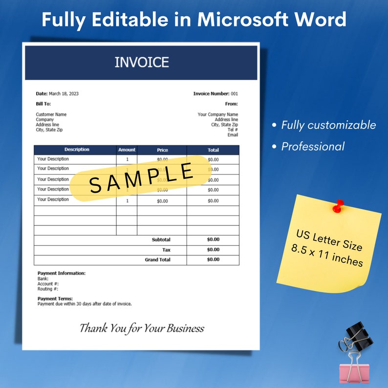 Customizable Professional Blue Invoice Template in Microsoft Word - Etsy