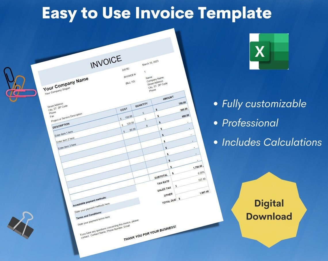 Excel Invoice Template, Small Business Invoice, Editable Invoice ...