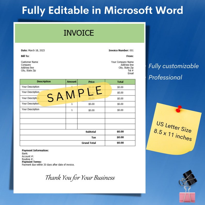 Customizable Professional Green Invoice Template in Microsoft Word - Etsy