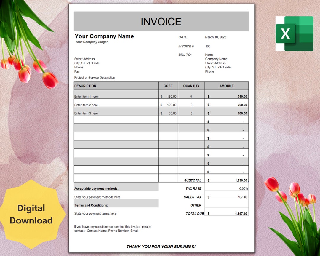 Excel Invoice Template, Editable Small Business Invoice, Printable ...