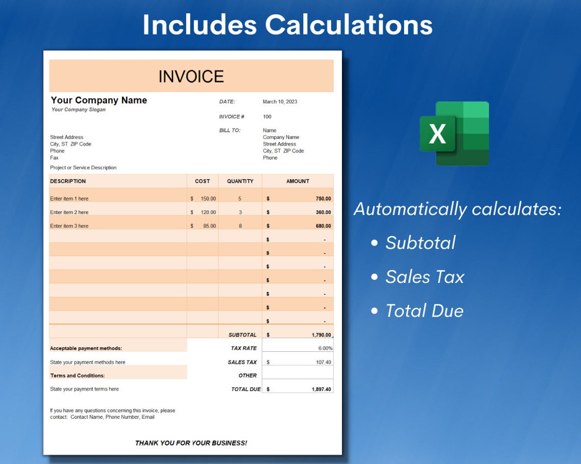 Excel Invoice Template, Small Business Invoice, Editable Invoice ...
