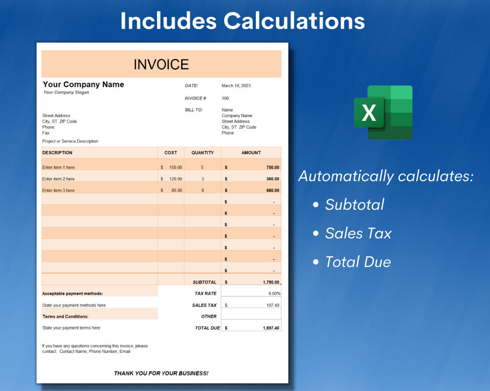 Excel Invoice Template, Small Business Invoice, Editable Invoice ...