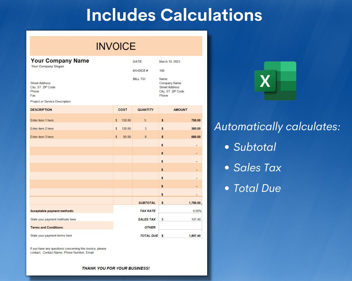 Excel Invoice Template, Small Business Invoice, Editable Invoice ...