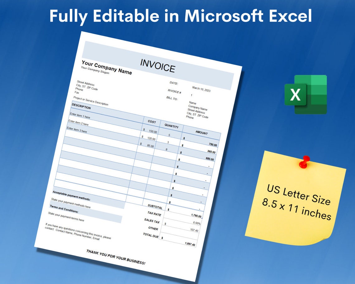 Excel Invoice Template, Small Business Invoice, Editable Invoice ...