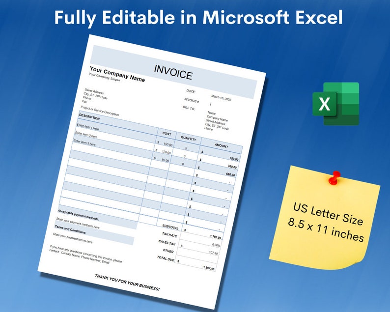 Excel Invoice Template, Small Business Invoice, Editable Invoice ...