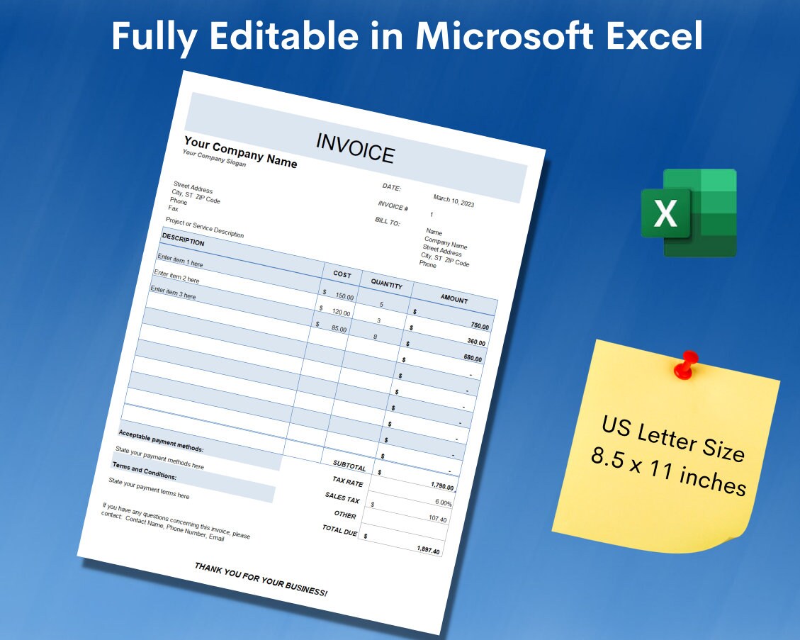 Excel Invoice Template, Small Business Invoice, Editable Invoice ...