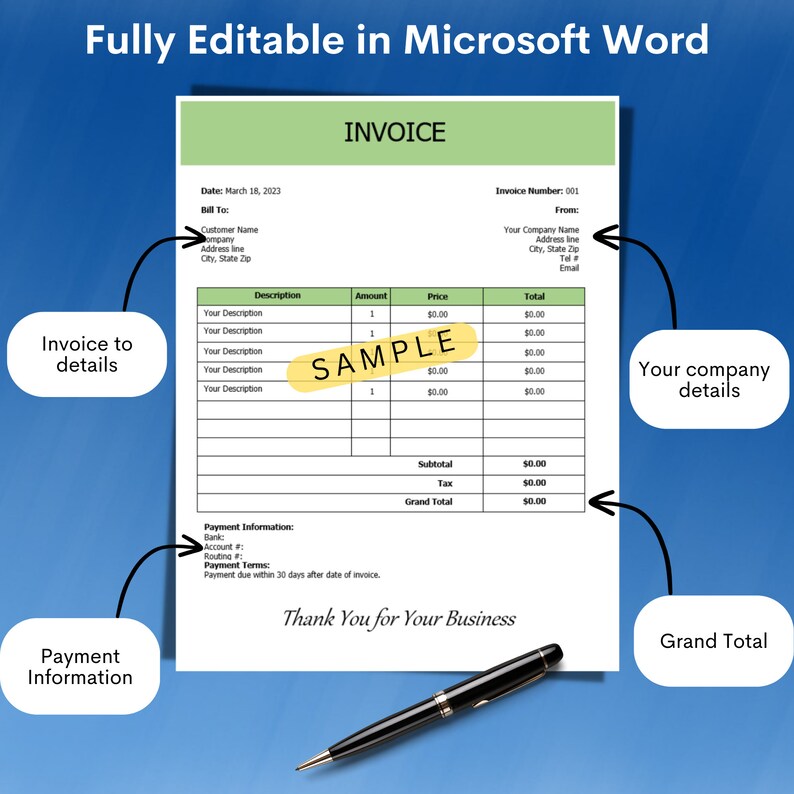 Customizable Professional Green Invoice Template in Microsoft Word - Etsy