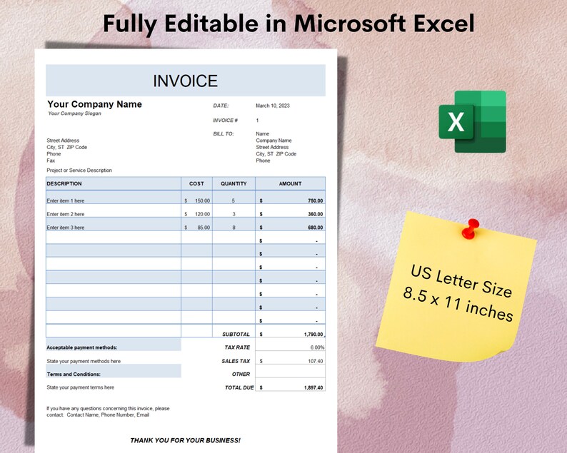 Excel Invoice Template, Small Business Invoice, Editable Invoice ...