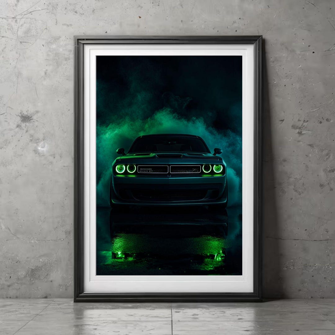 Dodge Challenger Hellcat Poster – Neon Green Night Drive | Muscle Car ...
