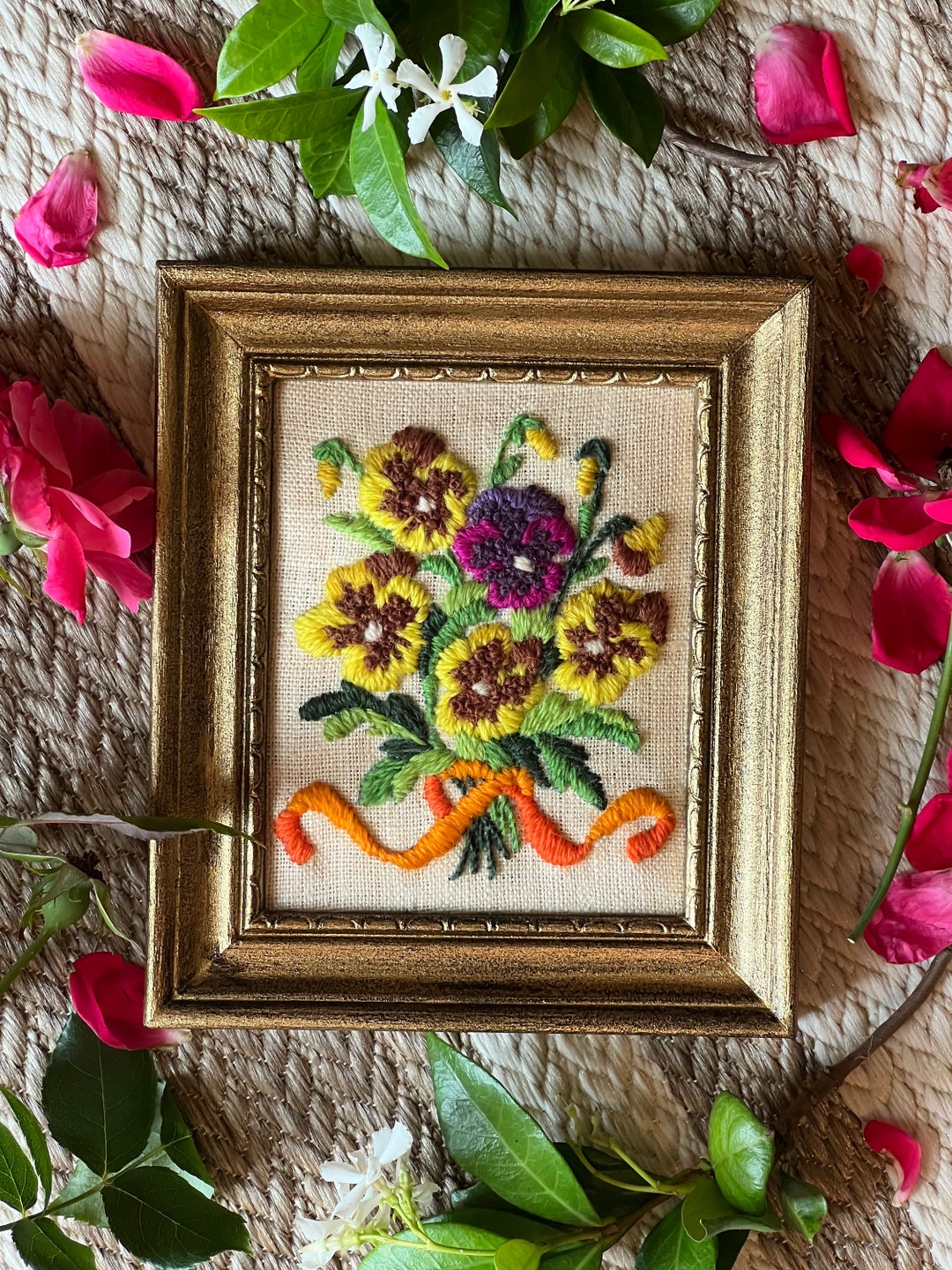 Vintage Crewel Embroidey, Framed Crewel Embroidery, Flowers Crewel ...