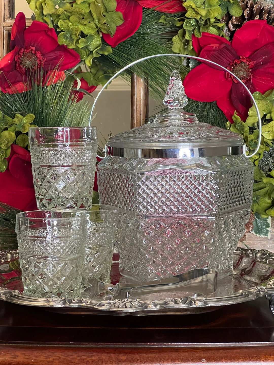 Vintage Bar Set, Ice Bucket and Glasses, Anchor Hocking Ice Bucket ...