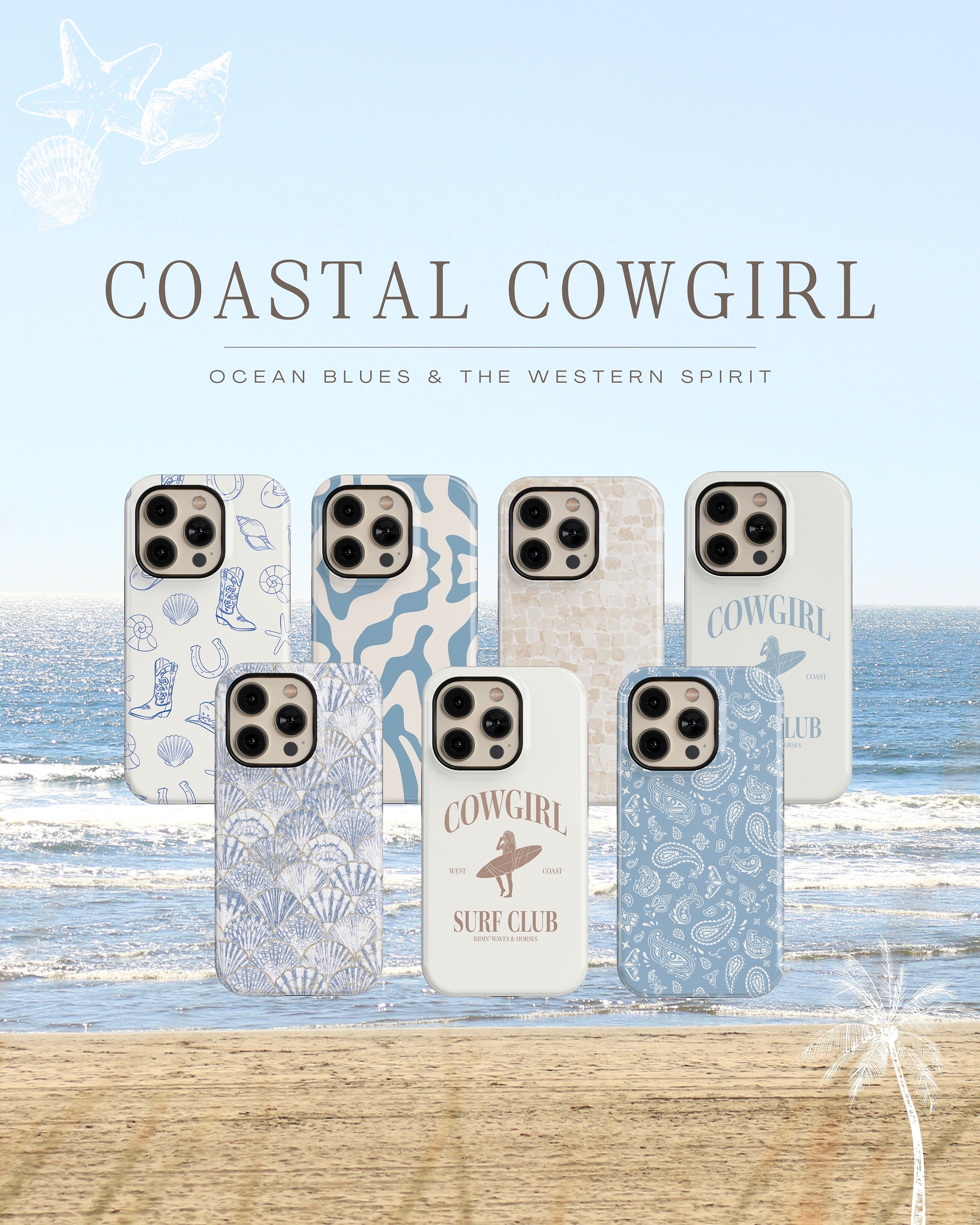 Coastal Cowgirl Aesthetic Blue Cowboy Boots Sea Shells Tough - Etsy