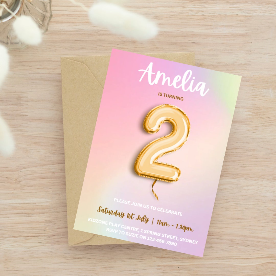Balloon 2 Birthday Invitation, 2nd Birthday Invitation, Rainbow ...