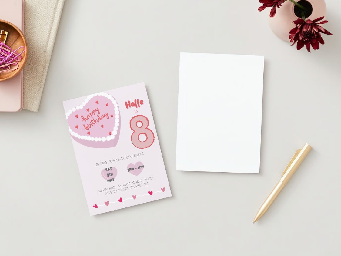 Heart Birthday Invitation, Kids Birthday Invitation, 8th Birthday ...