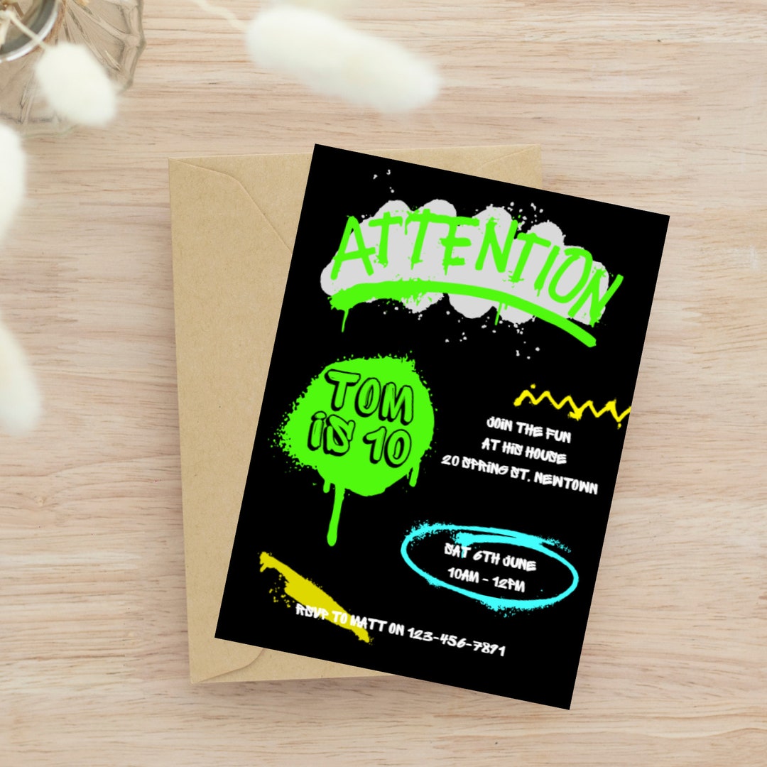 Graffiti Birthday Invitation, Kids, Tween Birthday Invitation, Black ...