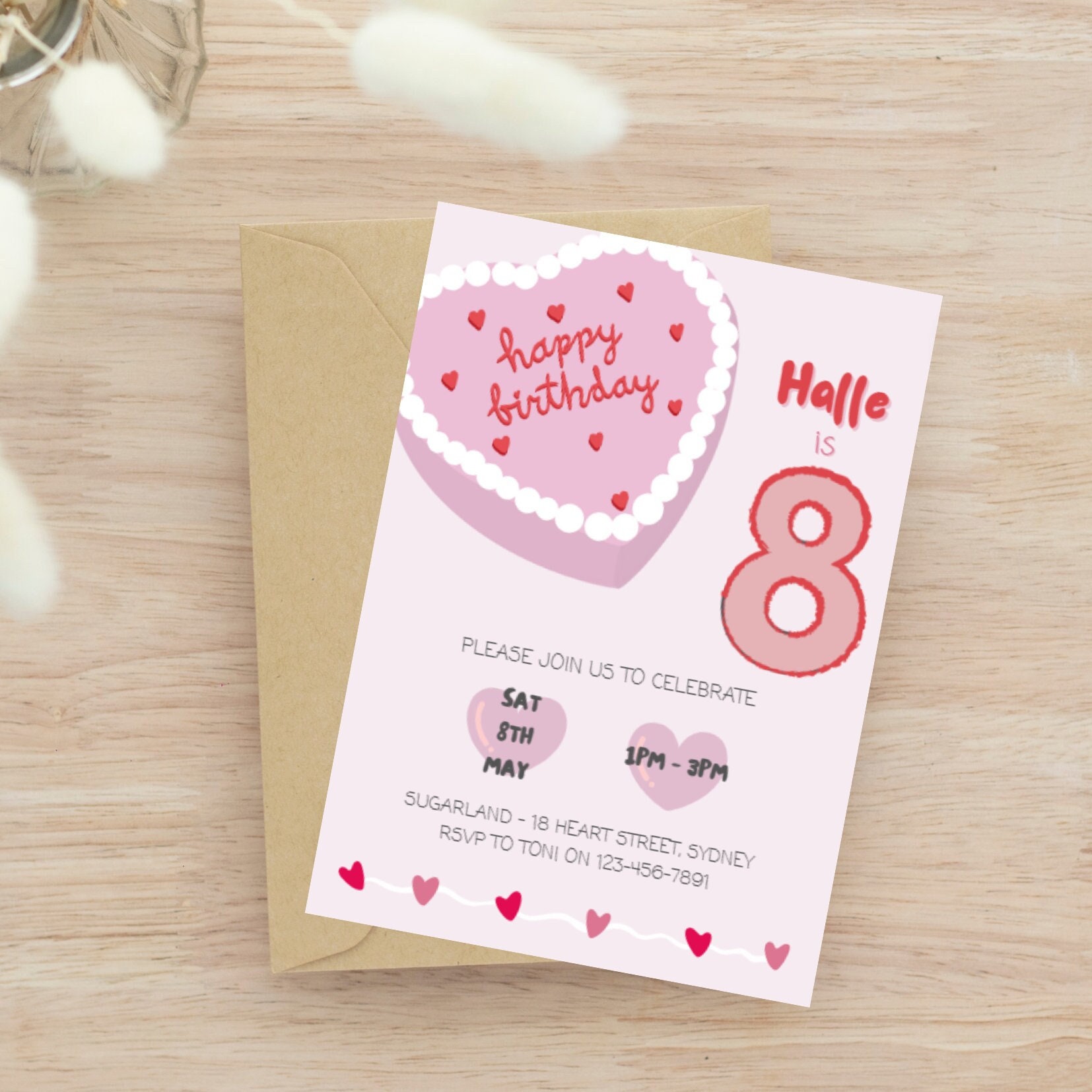 Heart Birthday Invitation, Kids Birthday Invitation, 8th Birthday ...