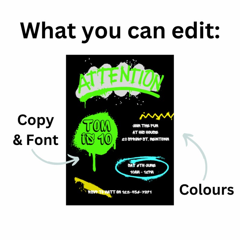 Neon Graffiti Birthday Invitation: Editable Skate Party Invite (digital ...