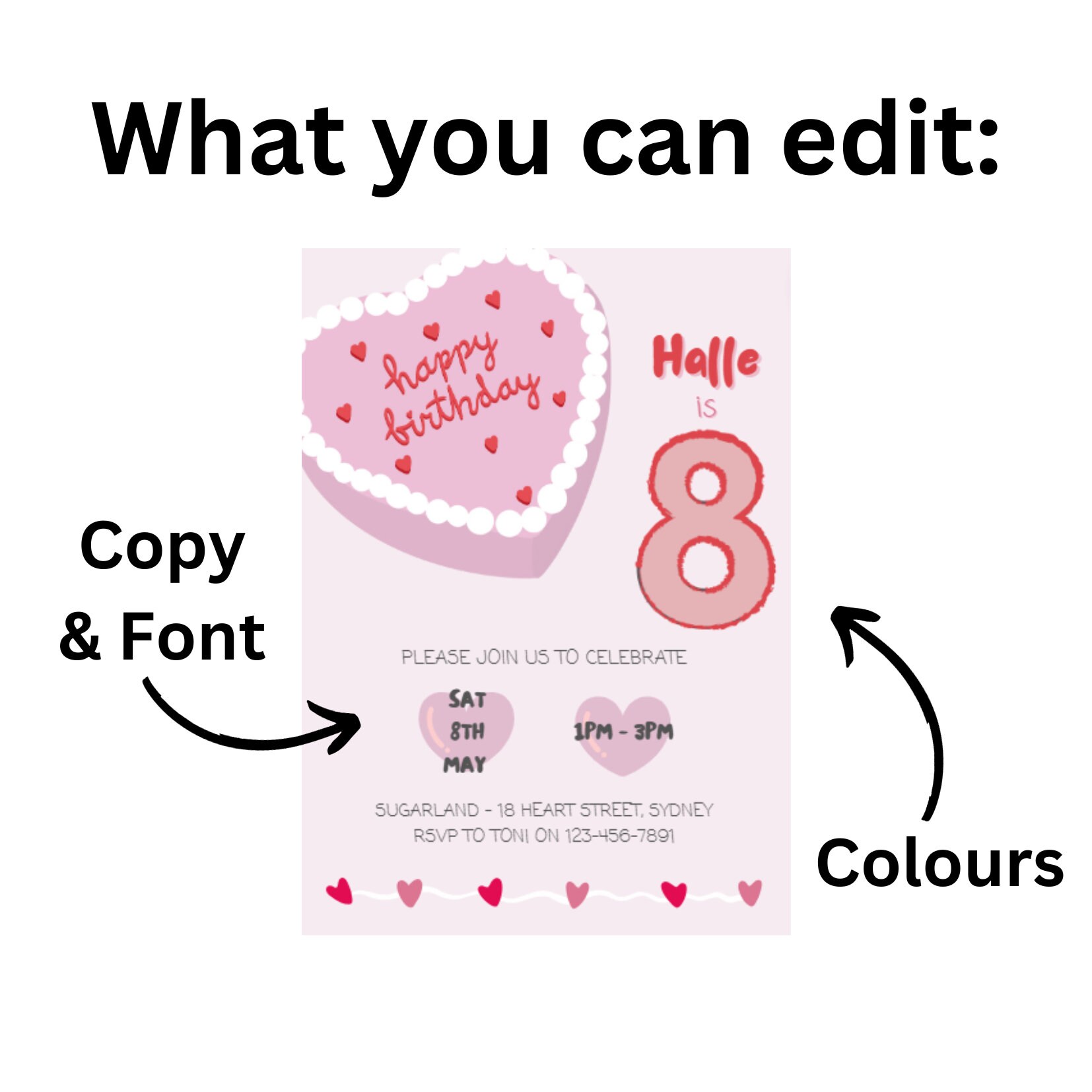 Heart Birthday Invitation, Kids Birthday Invitation, 8th Birthday ...