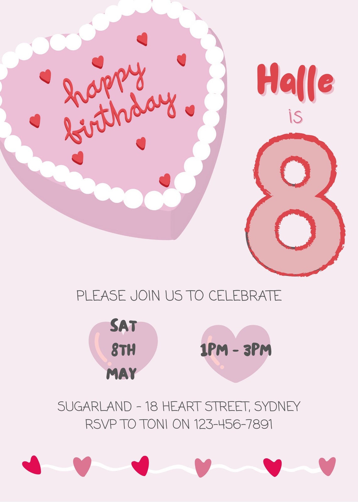 Heart Birthday Invitation, Kids Birthday Invitation, 8th Birthday ...