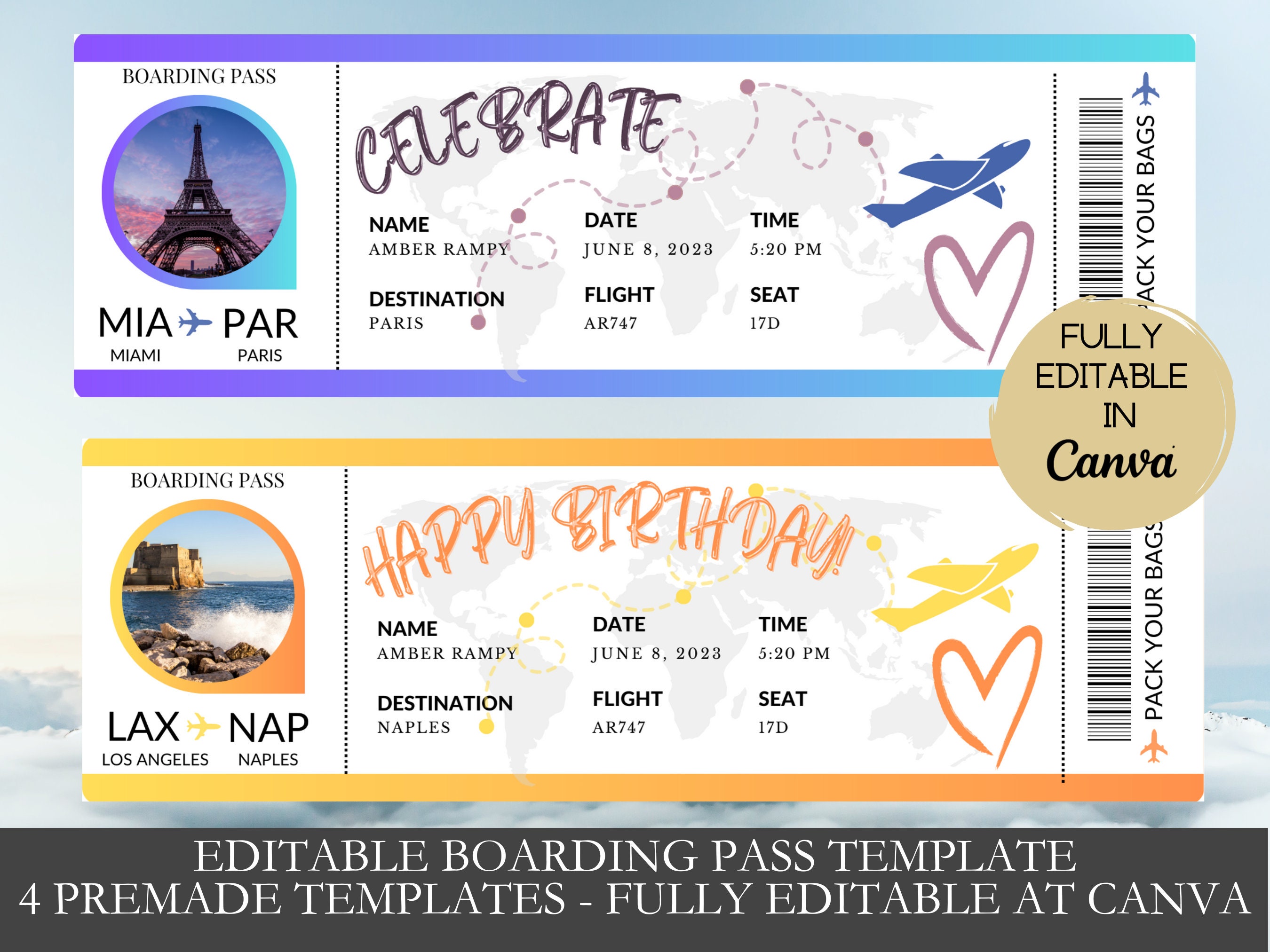 Editable Boarding Pass Template, Airline Ticket Template, Printable ...