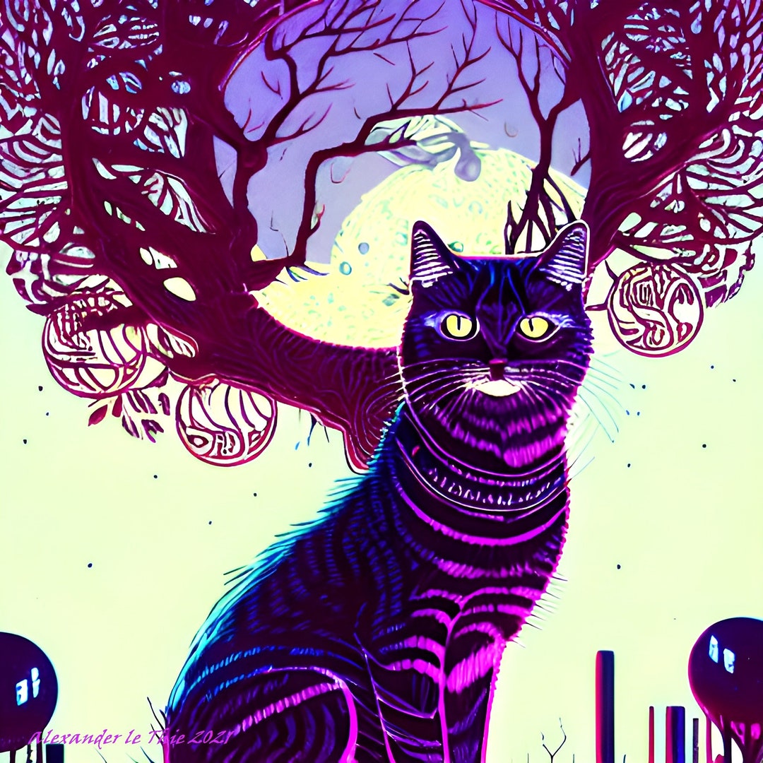 Mural Cat Cat Art Cat Love Moon Picture With Cat Art Etsy