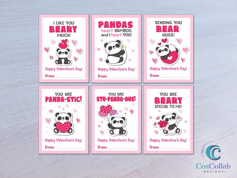 Panda Valentines Cards for Kids • Printable School Valentine (digital ...
