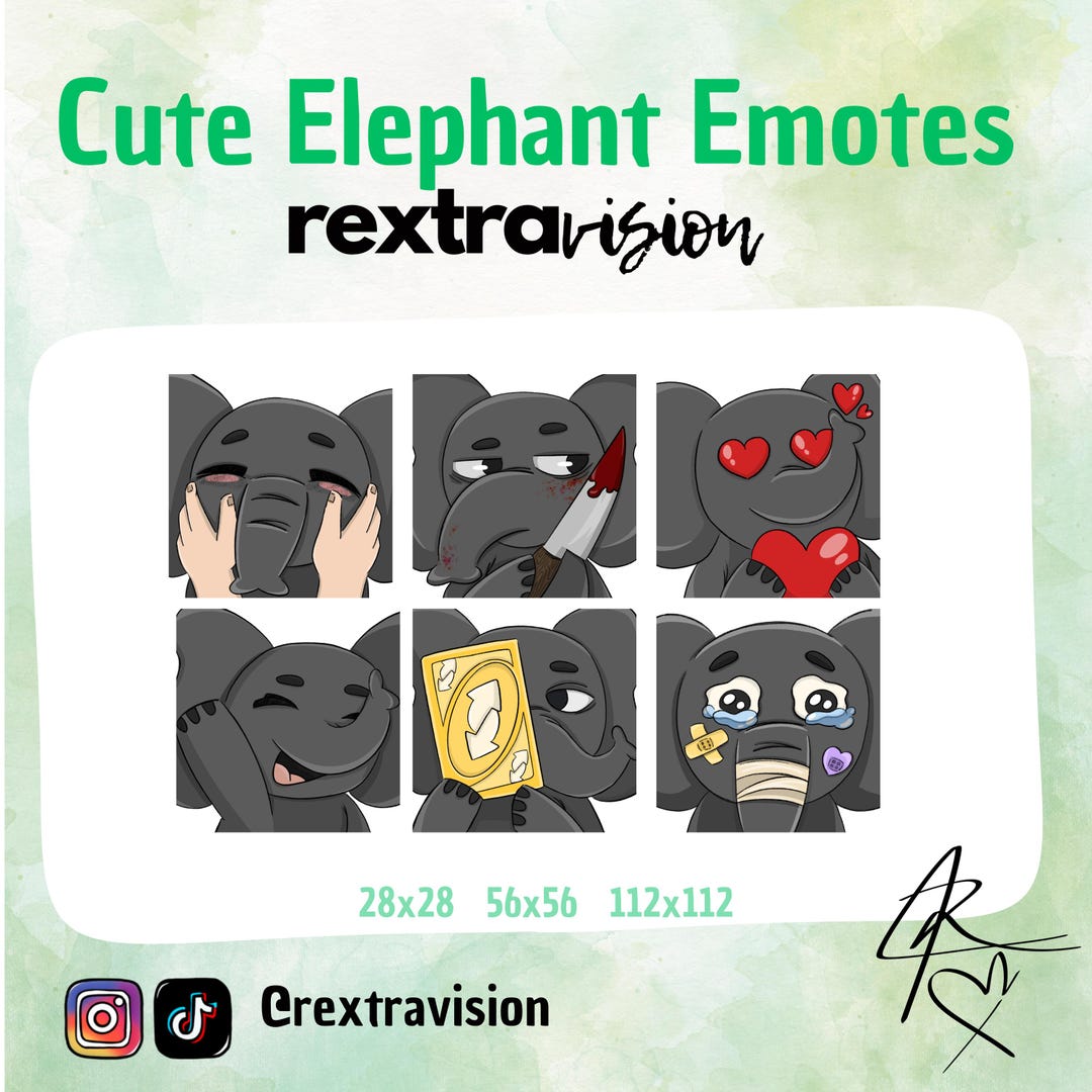 Hand- Drawn Cute Elephant Twitch Emotes | Kawaii Emotes | Animal Emotes ...