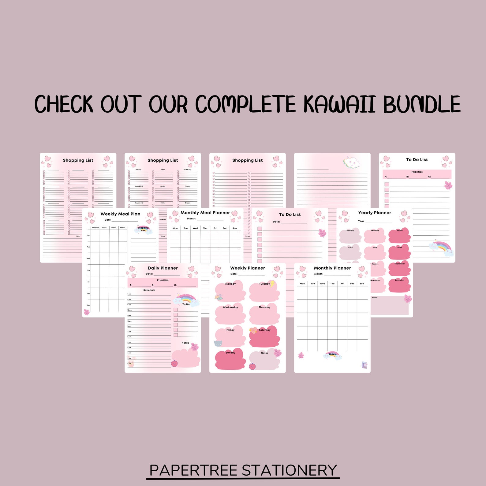 Printable PDF Pink Cute Kawaii Lined Digital Paper Instant Download ...