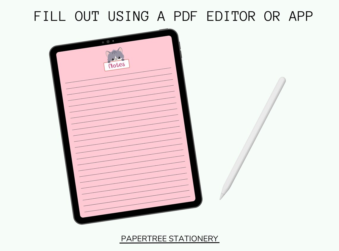 Cute Kawaii Kitty Lined Digital Paper Printable PDF | Aesthetic Writing ...
