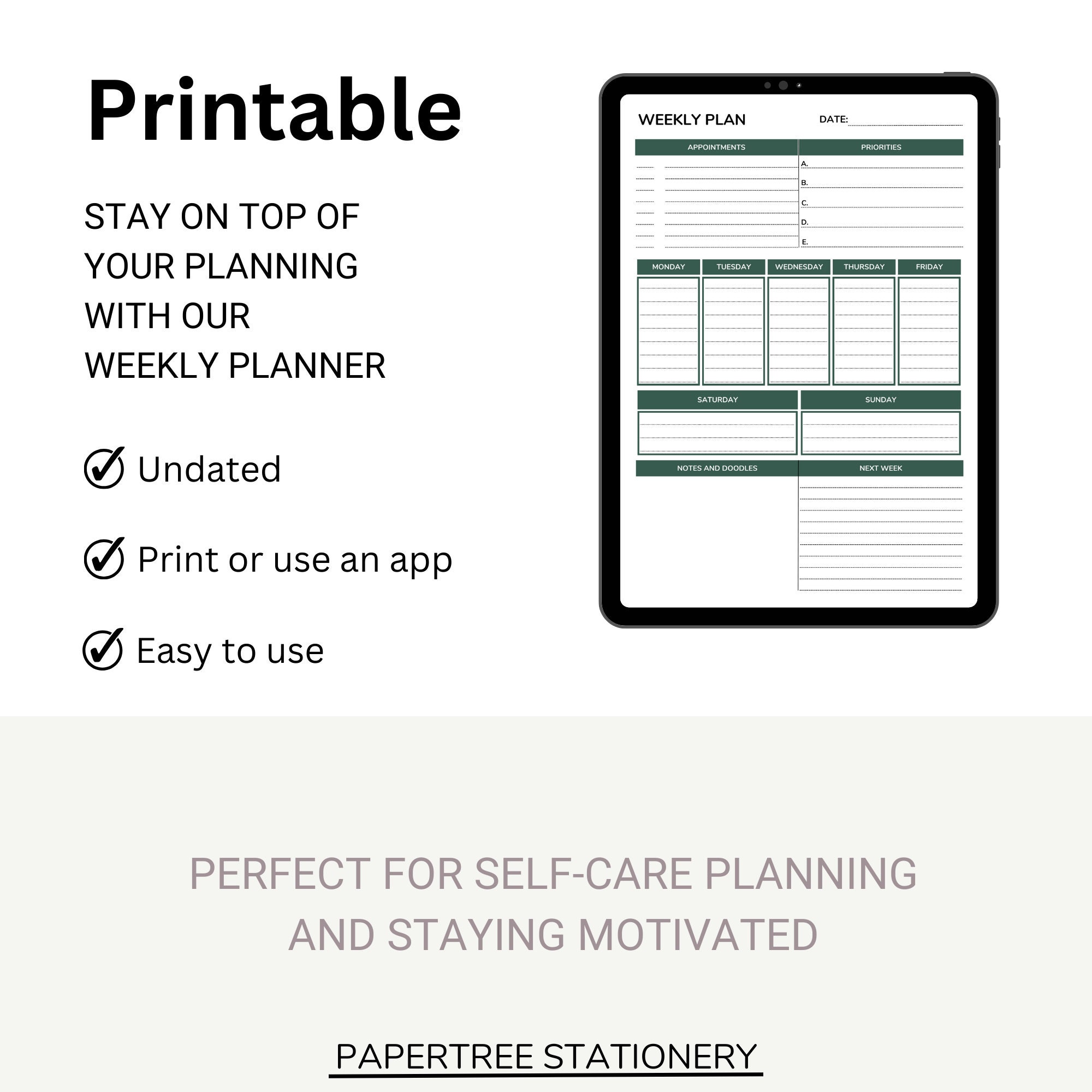 Weekly Planner Printable PDF Weekly Schedule Work From Home Dark Green ...
