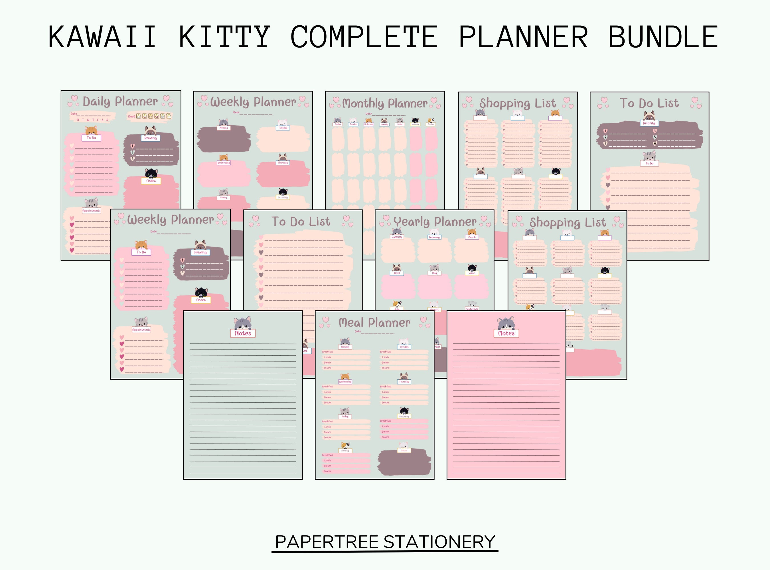 Kawaii Kitty Planner Bundle | Daily Planner | Meal Prep | to Do List ...