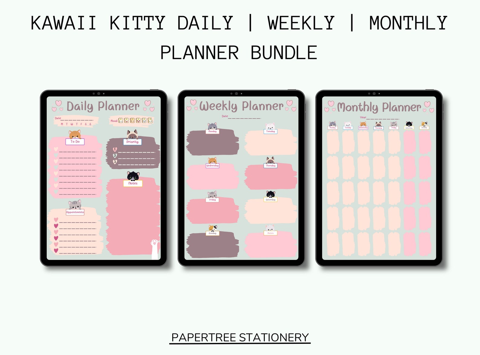 Kawaii Kitty Planner Bundle Printable PDF | Daily, Weekly & Monthly ...