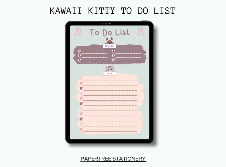 Kawaii Kitty To-do List Printable PDF | Cute Kawaii Stationery | Task ...