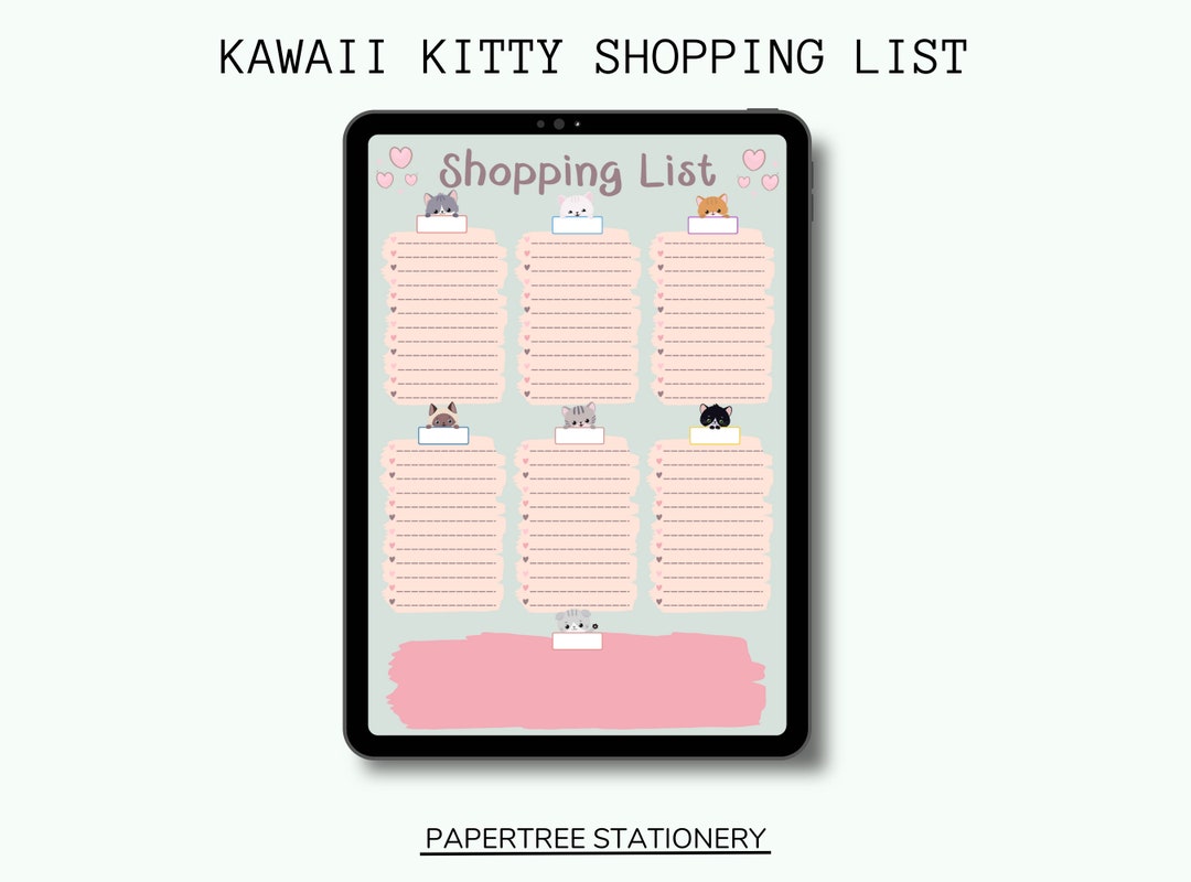 Kawaii Kitty Shopping List Printable PDF | Cute Grocery List & Meal ...
