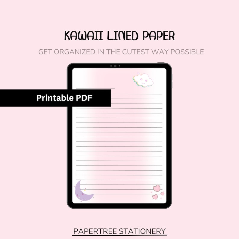 Printable PDF Pink Cute Kawaii Lined Digital Paper Instant Download ...