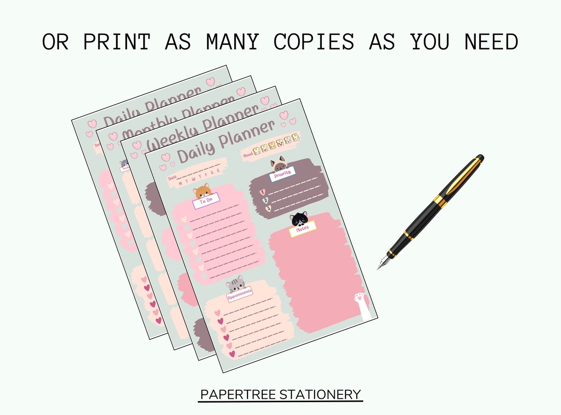 Kawaii Kitty Planner Bundle Printable PDF | Daily, Weekly & Monthly ...