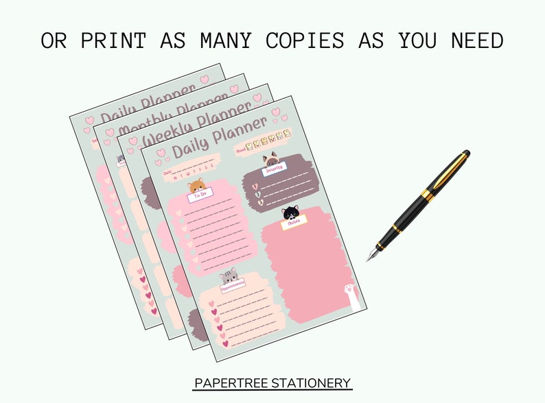 Kawaii Kitty Planner Bundle Printable PDF | Daily, Weekly & Monthly ...