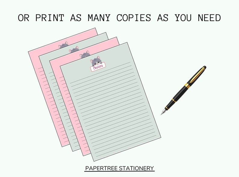 Cute Kawaii Kitty Lined Digital Paper Printable PDF | Aesthetic Writing ...