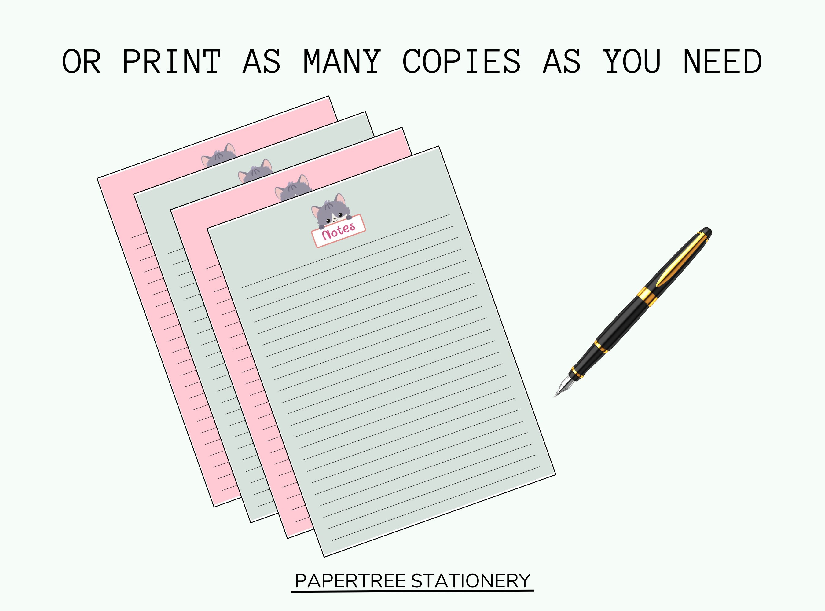 Cute Kawaii Kitty Lined Digital Paper Printable PDF | Aesthetic Writing ...