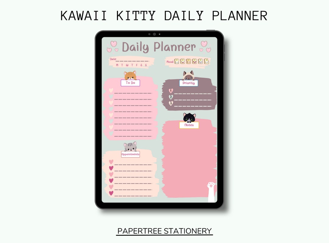 Kawaii Kitty Daily Planner Printable PDF | Cute Kawaii Stationery ...