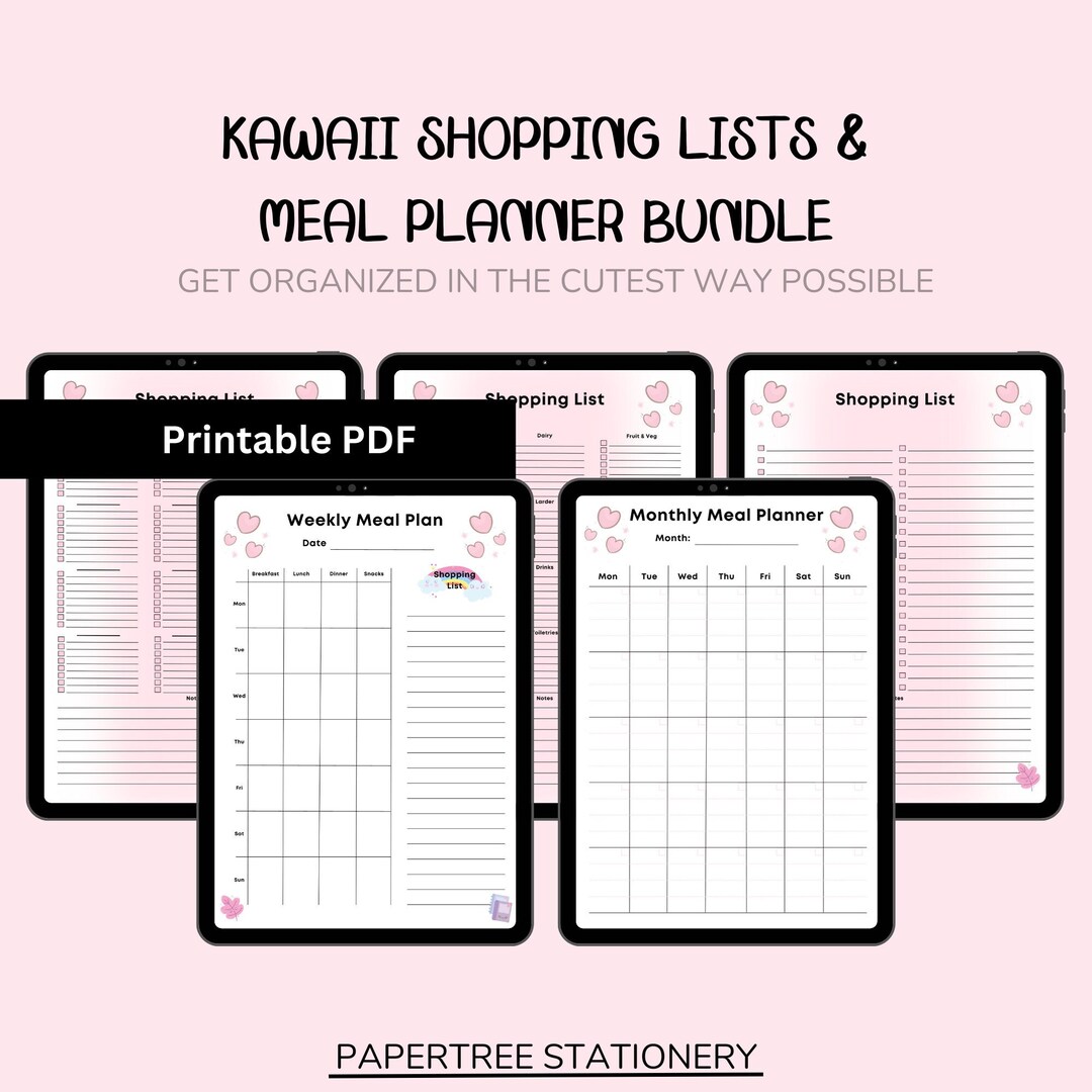 Kawaii Meal Planner Bundle PDF | Weekly & Monthly Meal Prep | Shopping ...