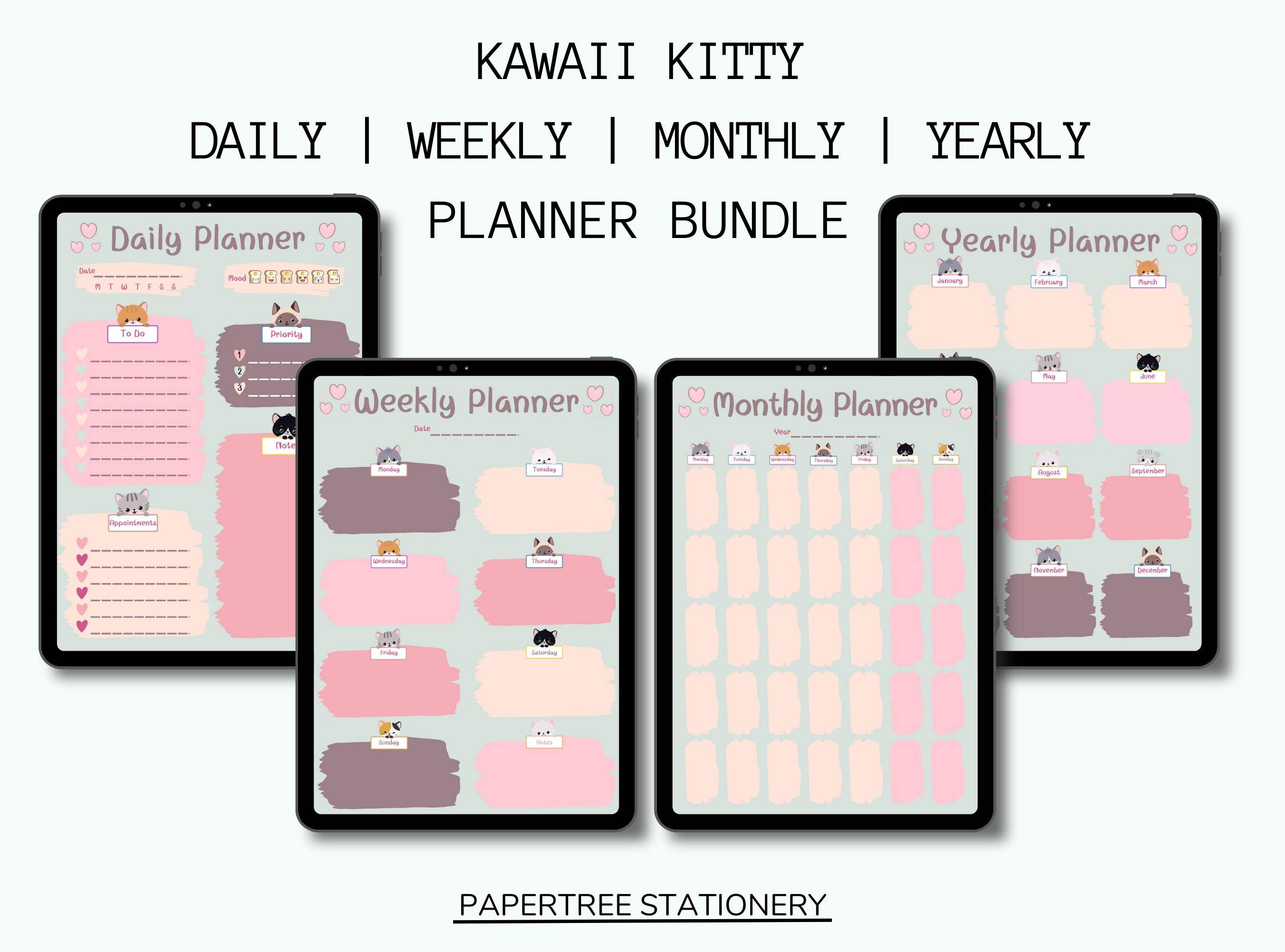 Kawaii Kitty Planner Bundle Printable PDF | Daily, Weekly, Monthly ...