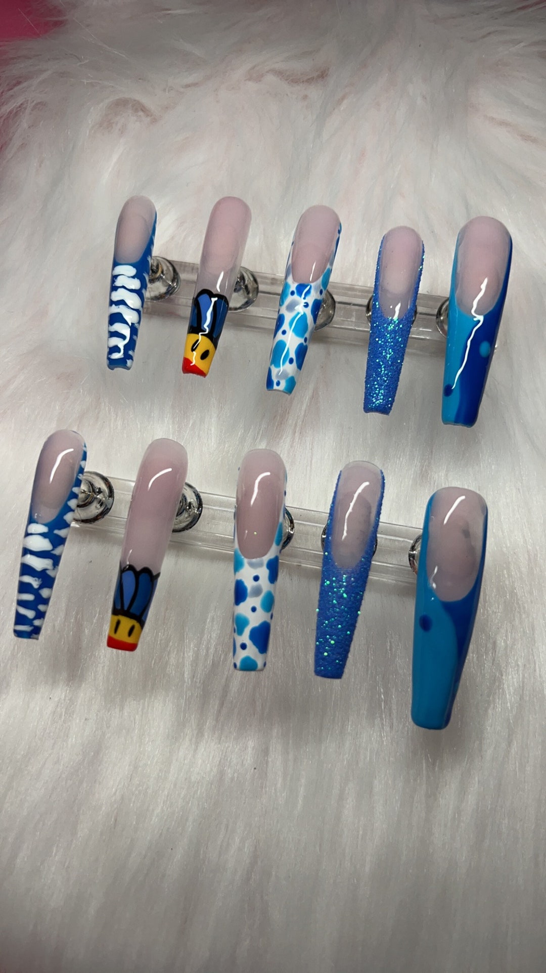 Blue Glitter Croc Design Press on Nails: Reusable Gel Acrylic Coffin ...