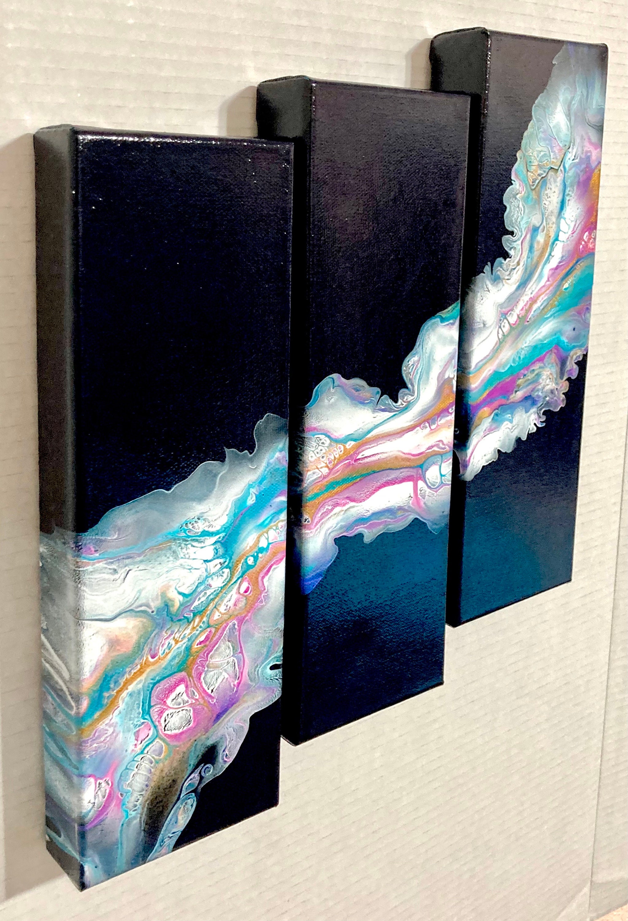 Black Background With Unicorn Colors: Pink, Turquoise, and Gold Acrylic Abstract Painting Set of ...