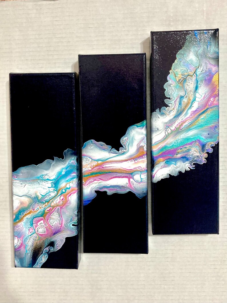 Black Background With Unicorn Colors: Pink, Turquoise, and Gold Acrylic Abstract Painting Set of ...